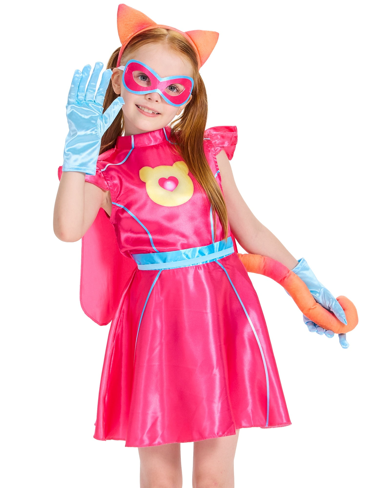 Girls Superhero Costume with Cape, Pink Kitties Fancy Dress Accessories ...