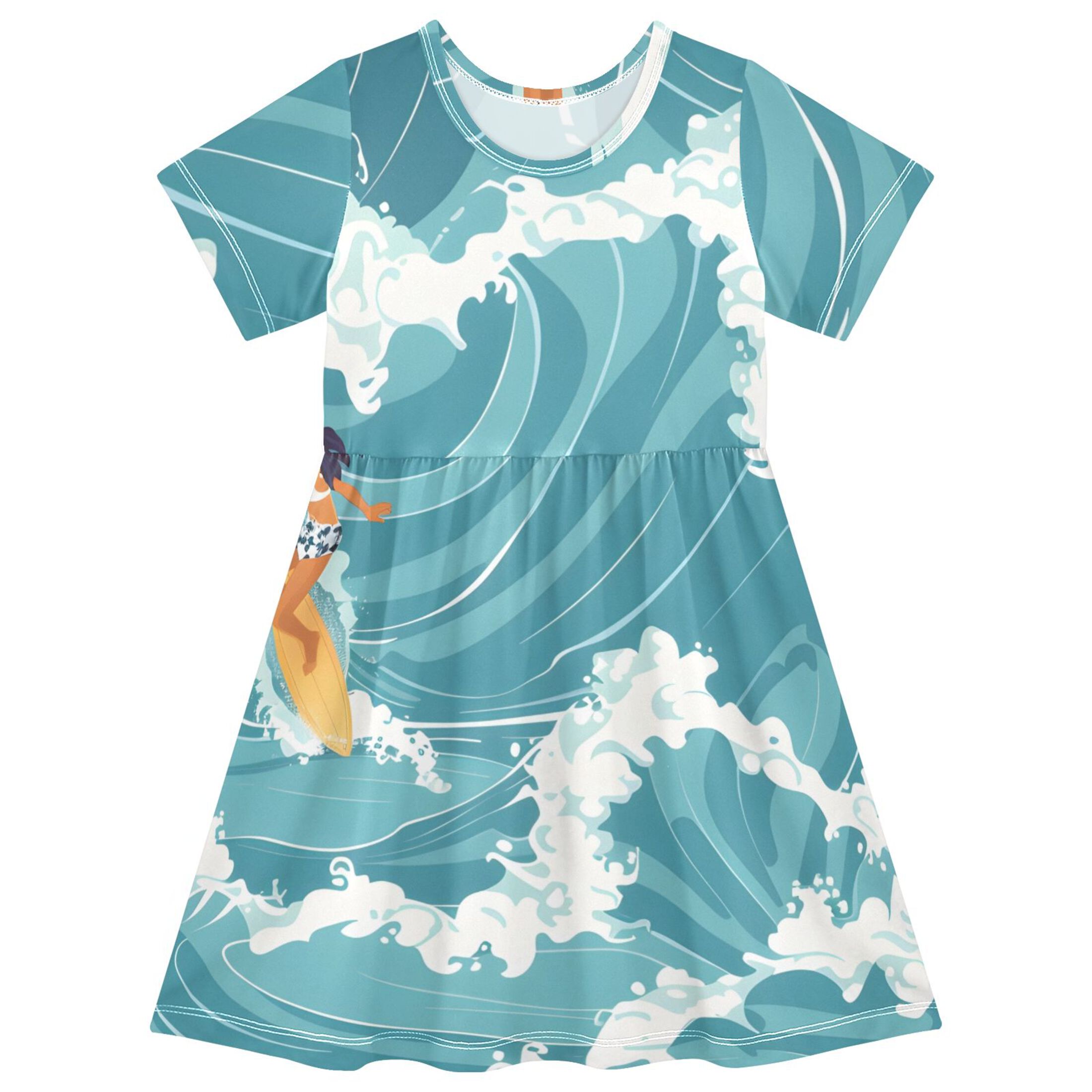Girls Surfing on Waves in Ocean Girls' Short Sleeve Dress A-Line One ...