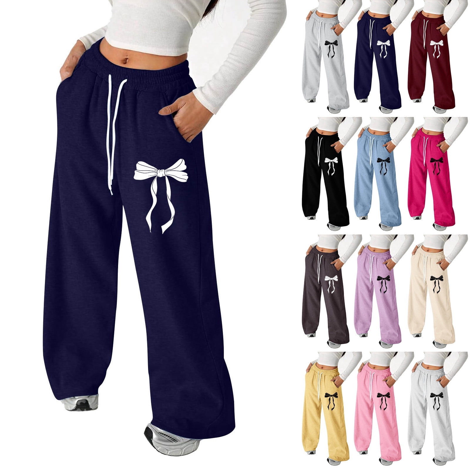 Girls Sweatpants Bow Print Straight Leg Pant with Drawstring ...