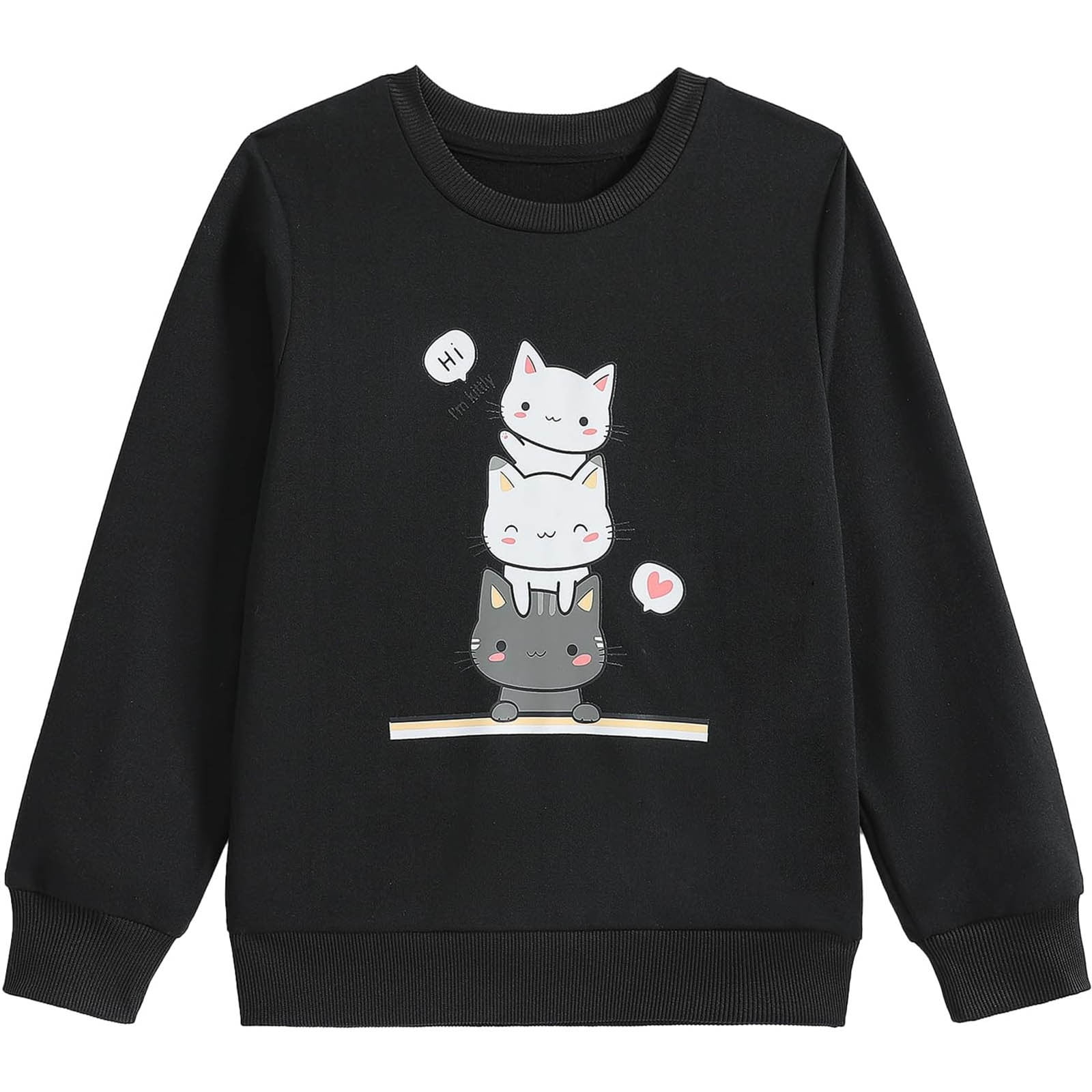Girls Sweatshirt Cute Cat Print Crew Neck Pullovers Tops Color Black ...