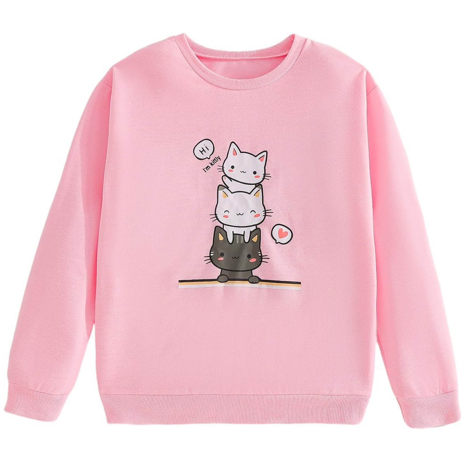 Girls Sweatshirt Cute Cat Print Crew Neck Pullovers Tops Color Pink ...