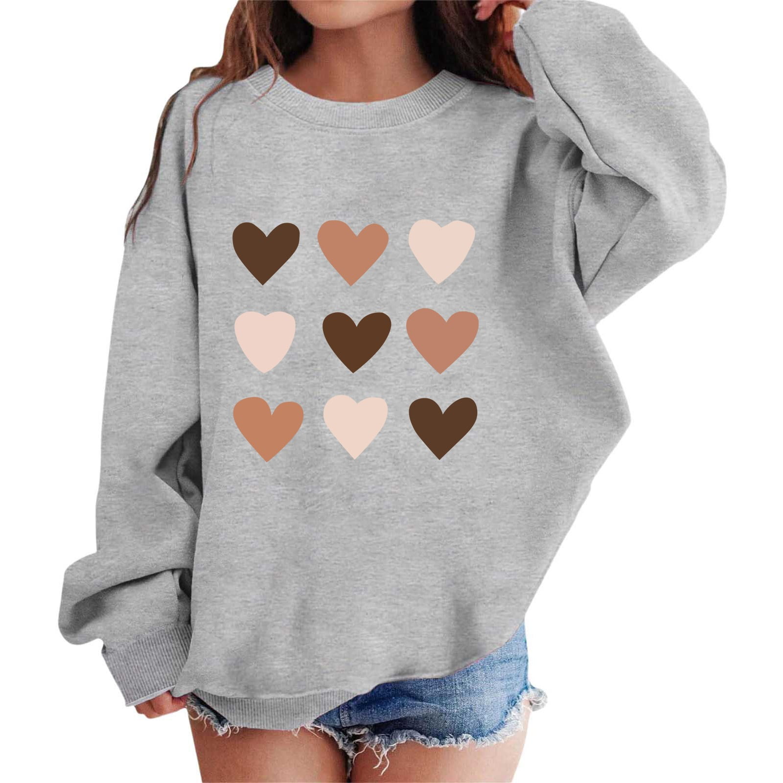 Girls Sweatshirt Kids Long Sleeve Crew Neck Hearts Print Lightweight ...