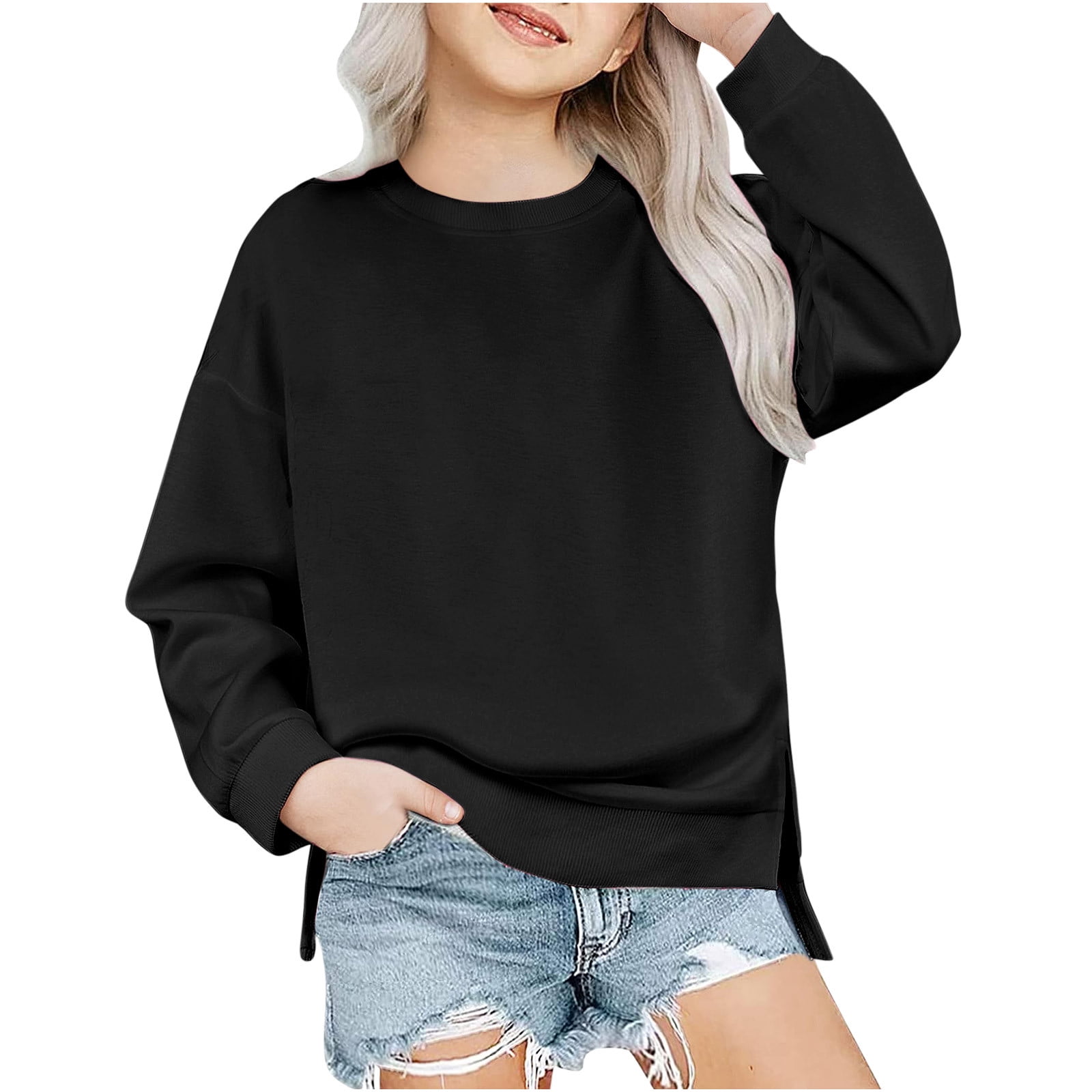 Girls Sweatshirts Plus Size Solid Color Side Split Casual Loose Long ...