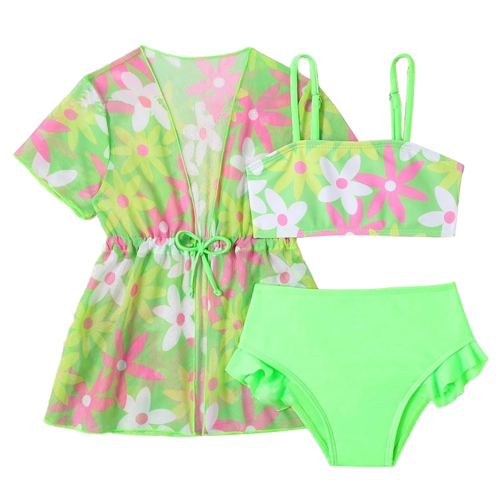 Girls Swim Cover Up Kids Swimsuit 3 Piece Set Floral Cover Up with Cute ...