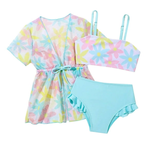 Girls Swim Cover Up Kids Swimsuit 3 Piece Set Floral Cover Up with Cute ...