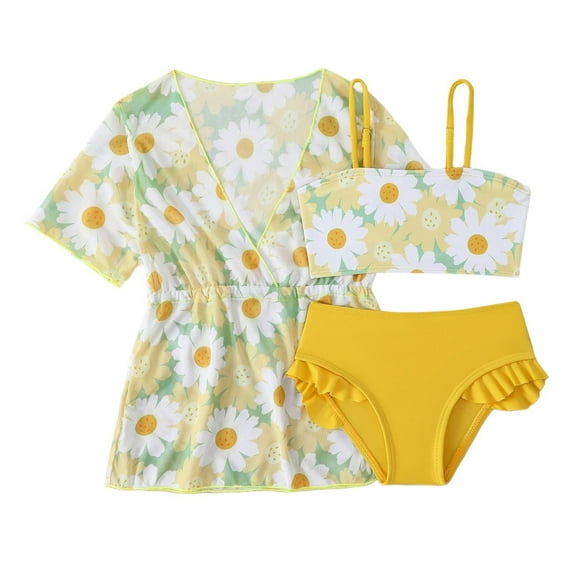 Girls Swim Cover Up Kids Swimsuit 3 Piece Set Floral Cover Up with Cute ...