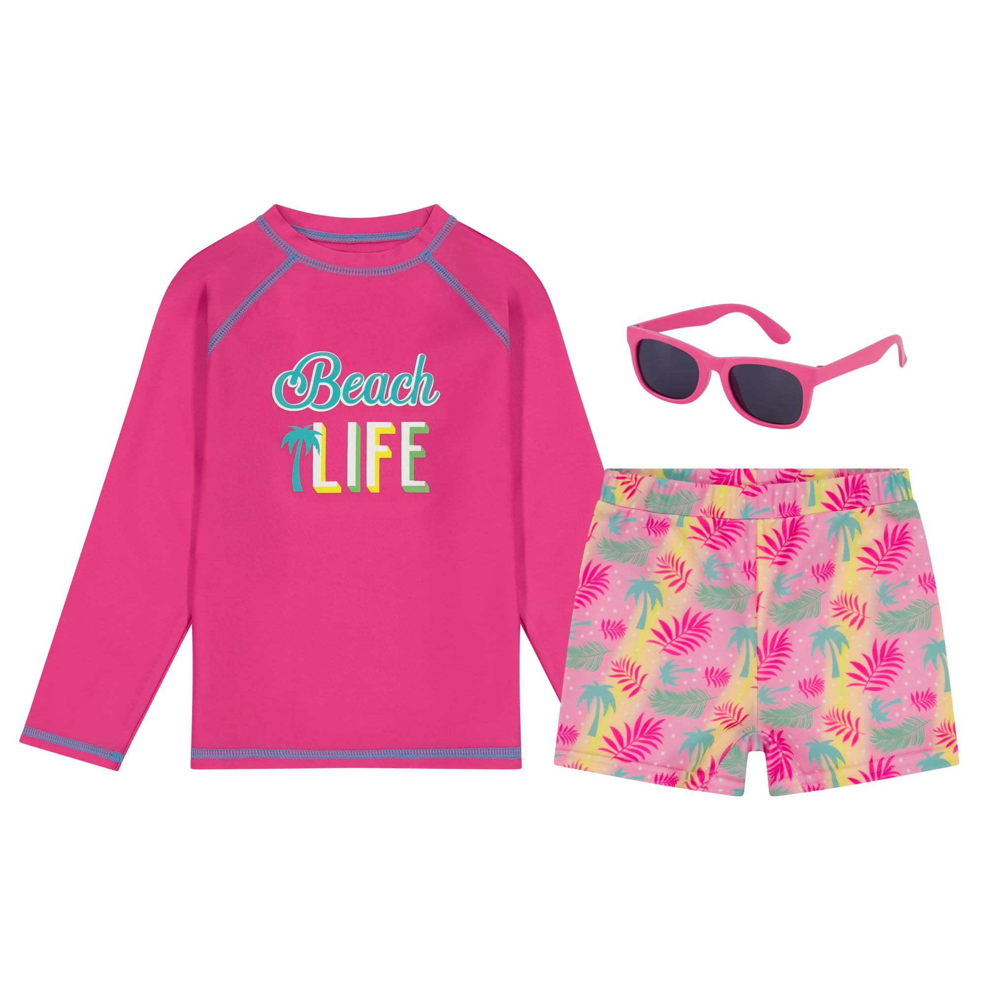 Girls Swim Set with Long Sleeve Rash Guard, Swim Shorts, Sunglasses ...