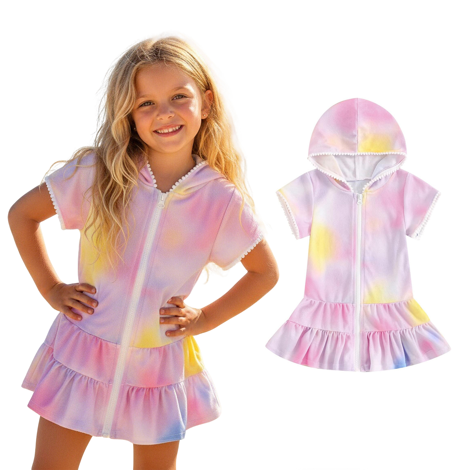Girls Swim Suit Cover Up Zip Up Hooded Tie Dye Terry Cloth Beach Cover ...