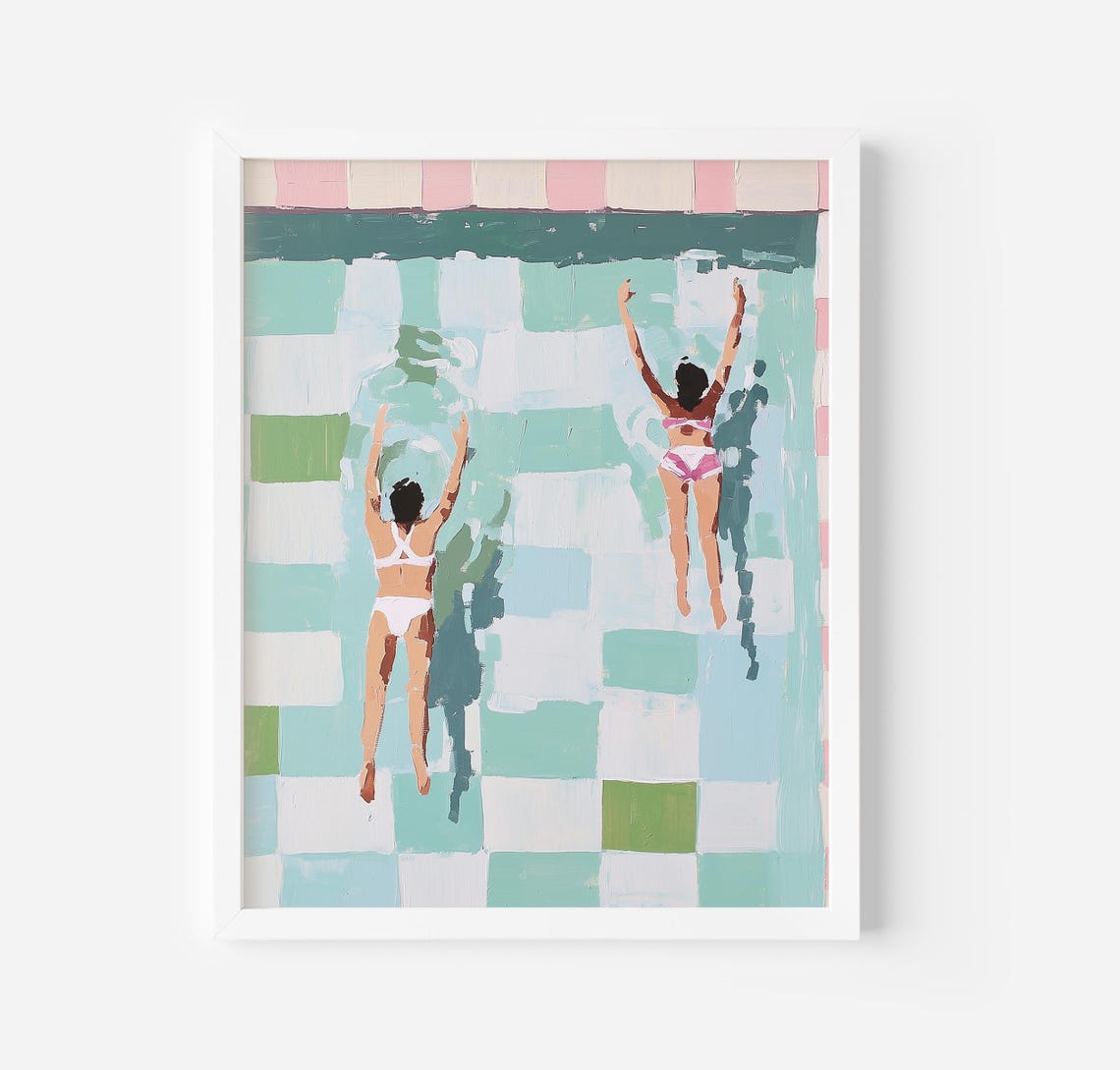 Girls Swimming Pool Art Poster Retro Pastel Beach House Decor ...