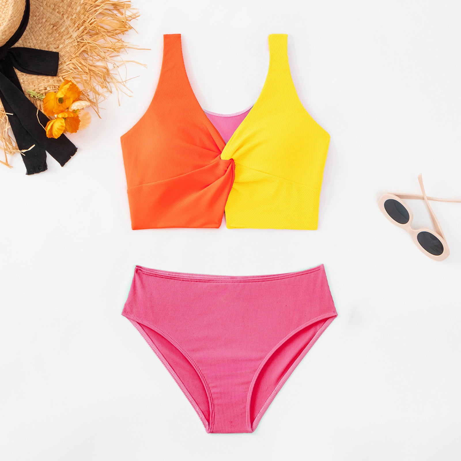 Girls Swimsuit 2-Piece Bathing Suit V Neck Ribbed Sleeveless Tankini ...