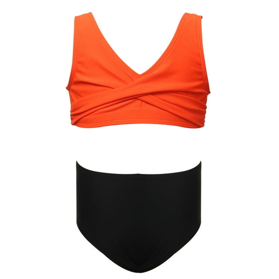 Girls Swimsuit 2 Piece Bikini Criss Cross Ruched High Waist Sporty Kids ...