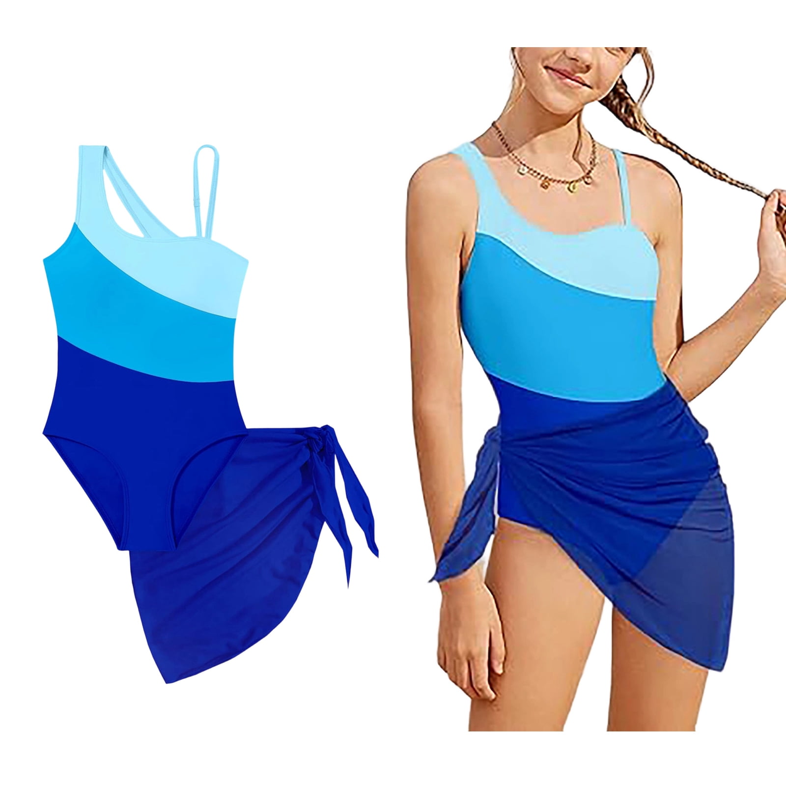 Girls Swimsuit 2-Piece Set with Ruffle Skirt, Color Block Bathing Suit ...