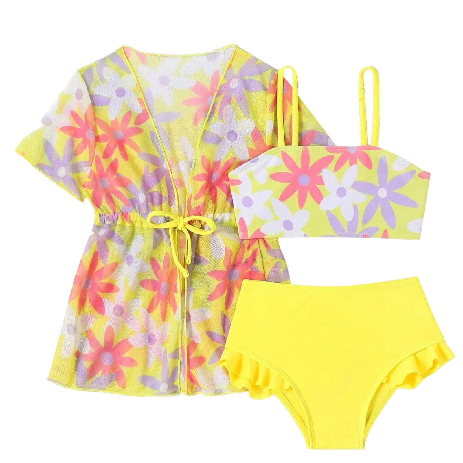 Girls Swimsuit 3 Piece Set Floral Cover Up Cute Cartoon Print Bikini ...