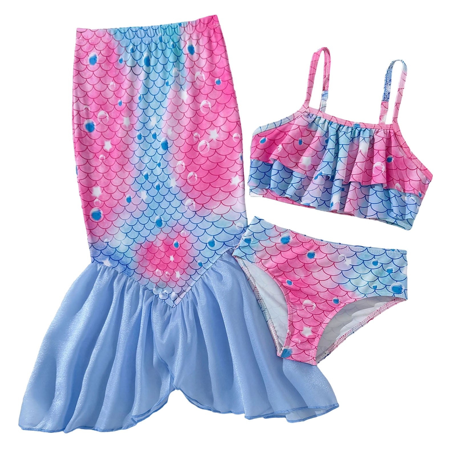 Girls Swimsuit 3 Piece Set Sleeveless Ruffle Scale Gradient Tail Summer ...