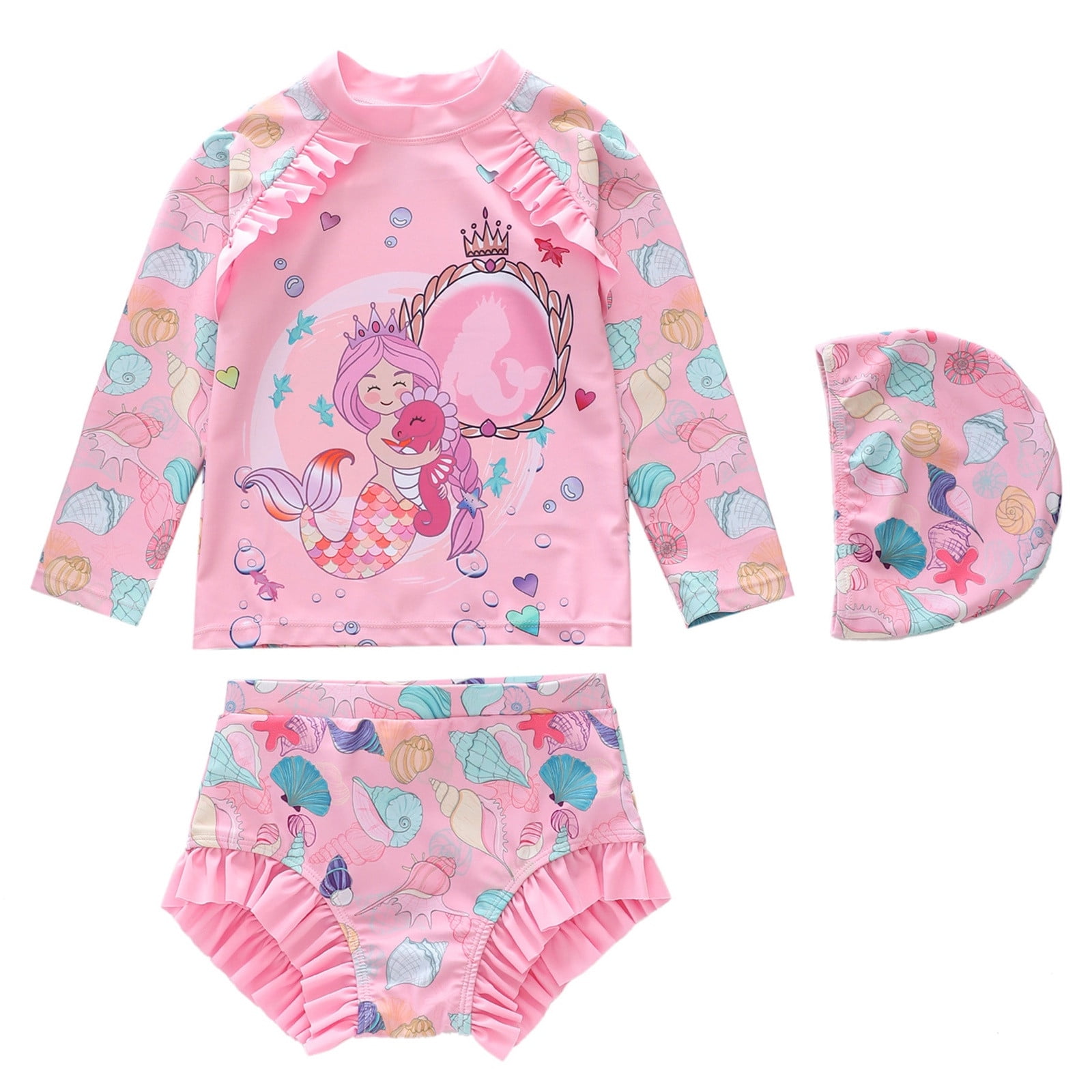 Girls Swimsuit 3 Pieces Long Sleeve Rash Guard Funny Cute Printed ...