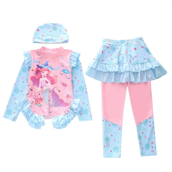 Girls Swimsuit 3 Pieces Long Sleeve Swimwear Printed Ruffle Pants Swim ...