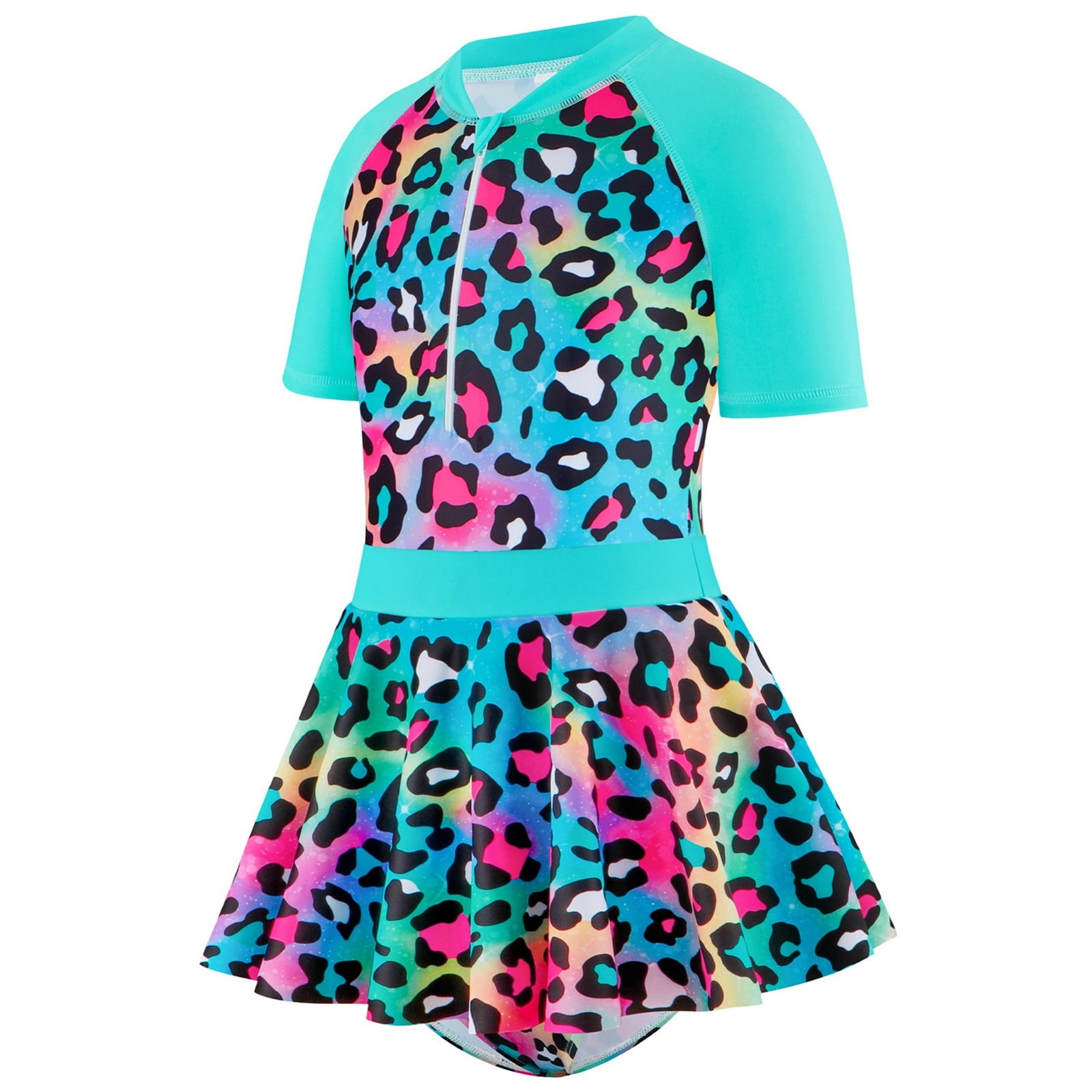 Girls Swimsuit Fashion Colorful Leopard Print Short Sleeve Zipper Spa ...