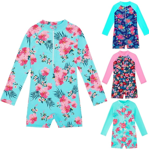 Girls Swimsuit Long Sleeve Printing Beach Bathing One-piece Swimsuits ...