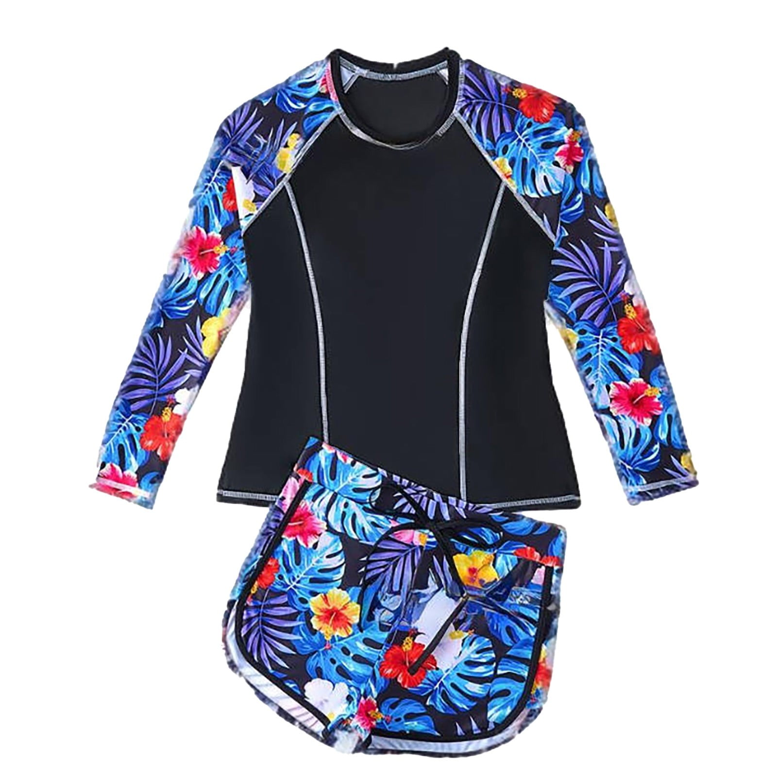 Girls Swimsuit Long Sleeves Floral Sunscreen Rash Guard Athletic Swim ...
