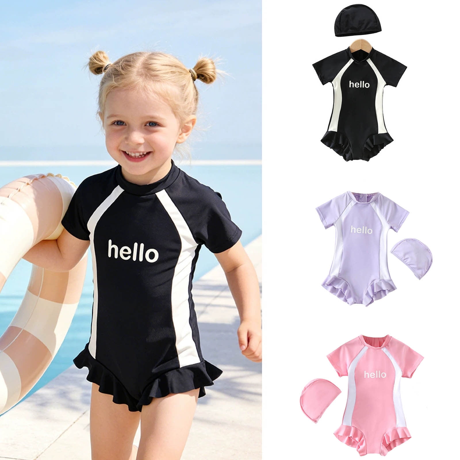 Girls Swimsuit One-Piece Swimsuits Short Sleeve UPF 50 Sun Rash Guard ...