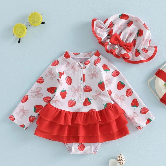 Girls Swimsuit One-piece Bathing Suit Rash Guard Ruffle Long Sleeve ...