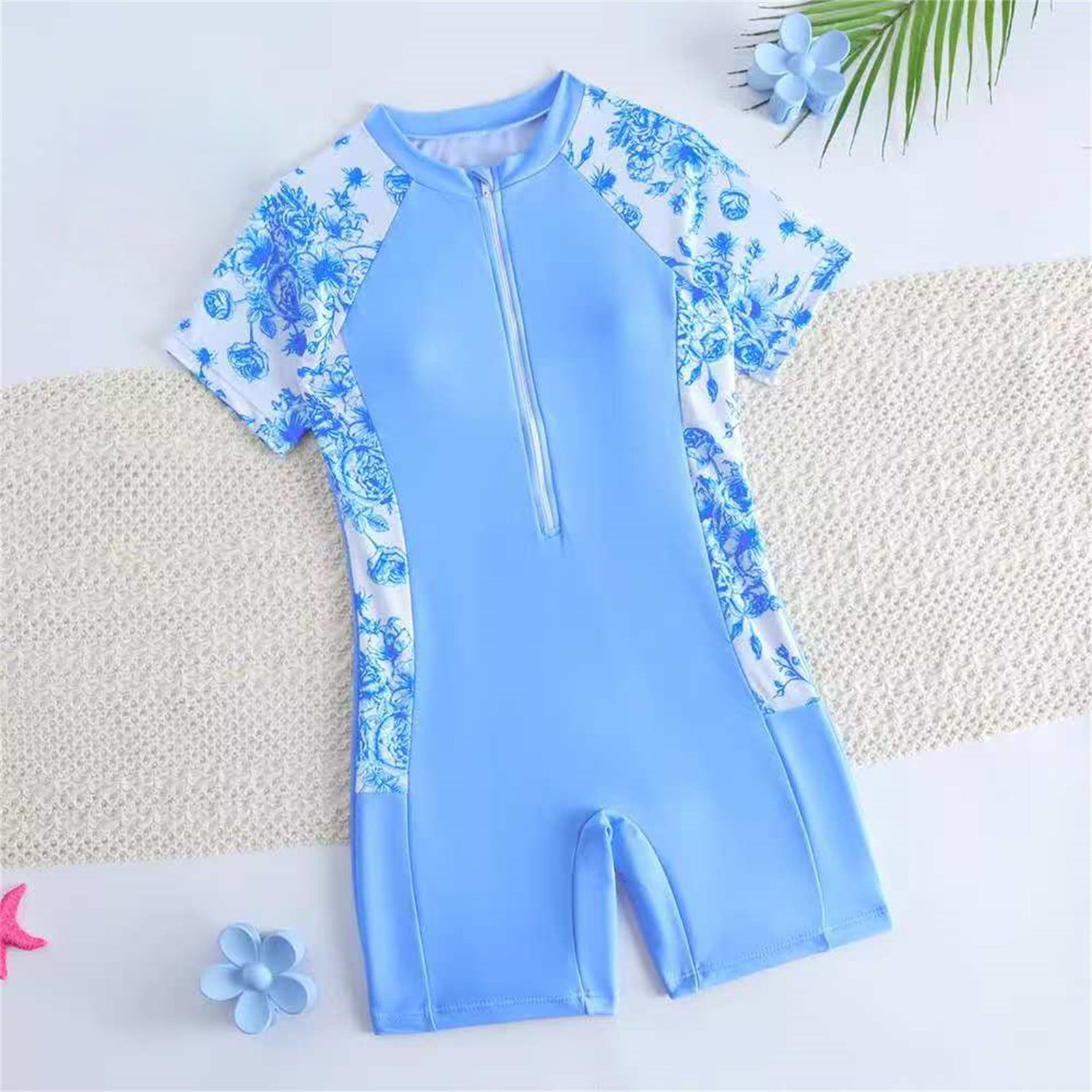 Girls Swimsuit One-piece Swimsuits Short Sleeve Rash Guard Zipper Teen ...