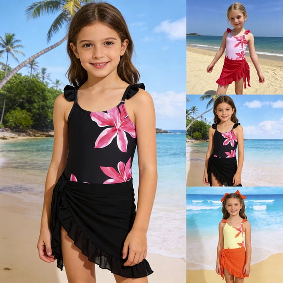 Girls Swimsuit Stylish One-piece Swimsuits with Ruffle Skirt Bathing ...