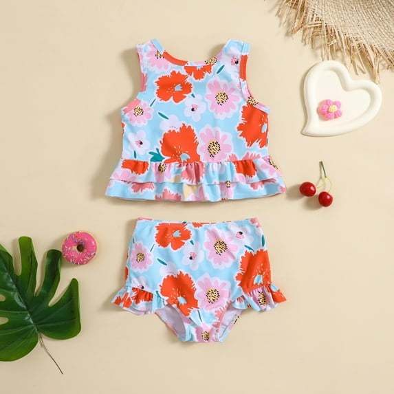 Girls Swimsuit Summer Cartoon Flower Printed 2 Piece Bikini Set Ruffles ...