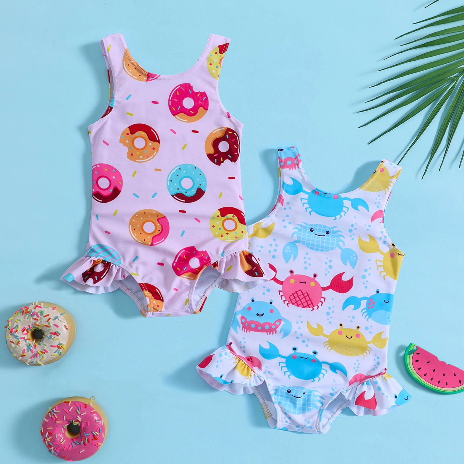 Girls Swimsuit Summer Ruffles Cartoon Prints One-piece Swimsuits Beach ...