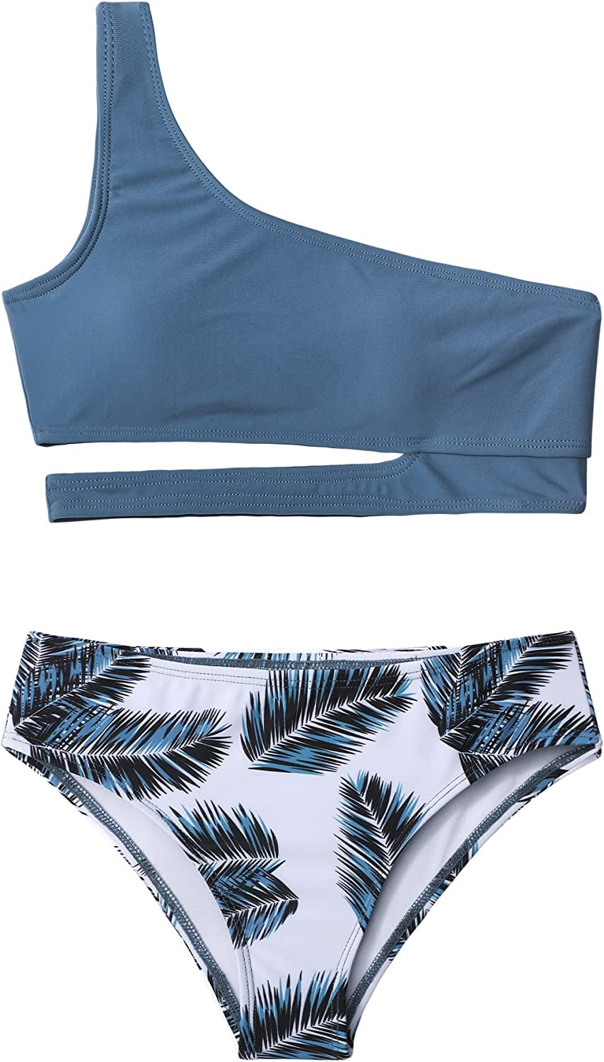 Girls Swimsuit Two Piece One Shoulder Cutout Bikini Summer Beach Sport ...