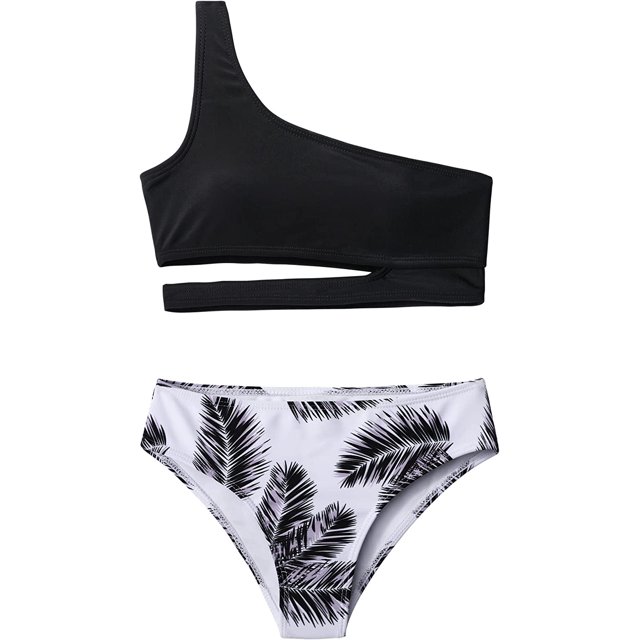 Girls Swimsuit Two Piece One Shoulder Cutout Bikini Summer Beach Sport ...