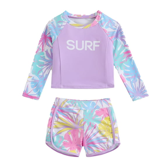 Girls Swimsuits 2 Piece Long Sleeve Rashguard Bathing Suit Leaf Print ...