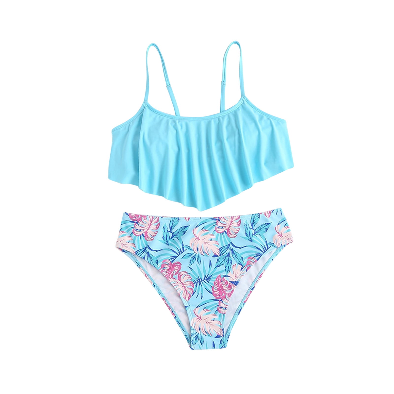 Girls Swimsuits 2 Piece Sport Blue Floral Prints High Waist Bikini Set ...
