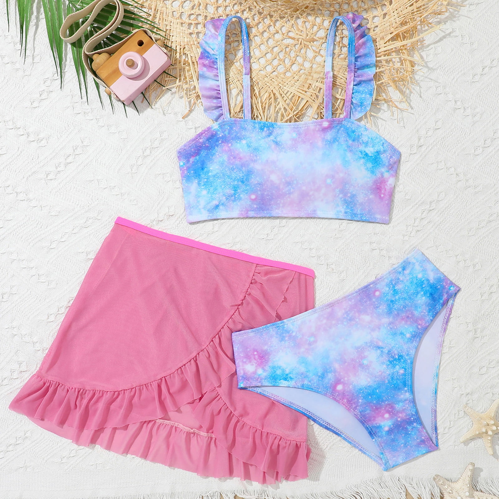 Girls Swimsuits 3 Piece Tankini Bathing Suit Set Textured Halter ...