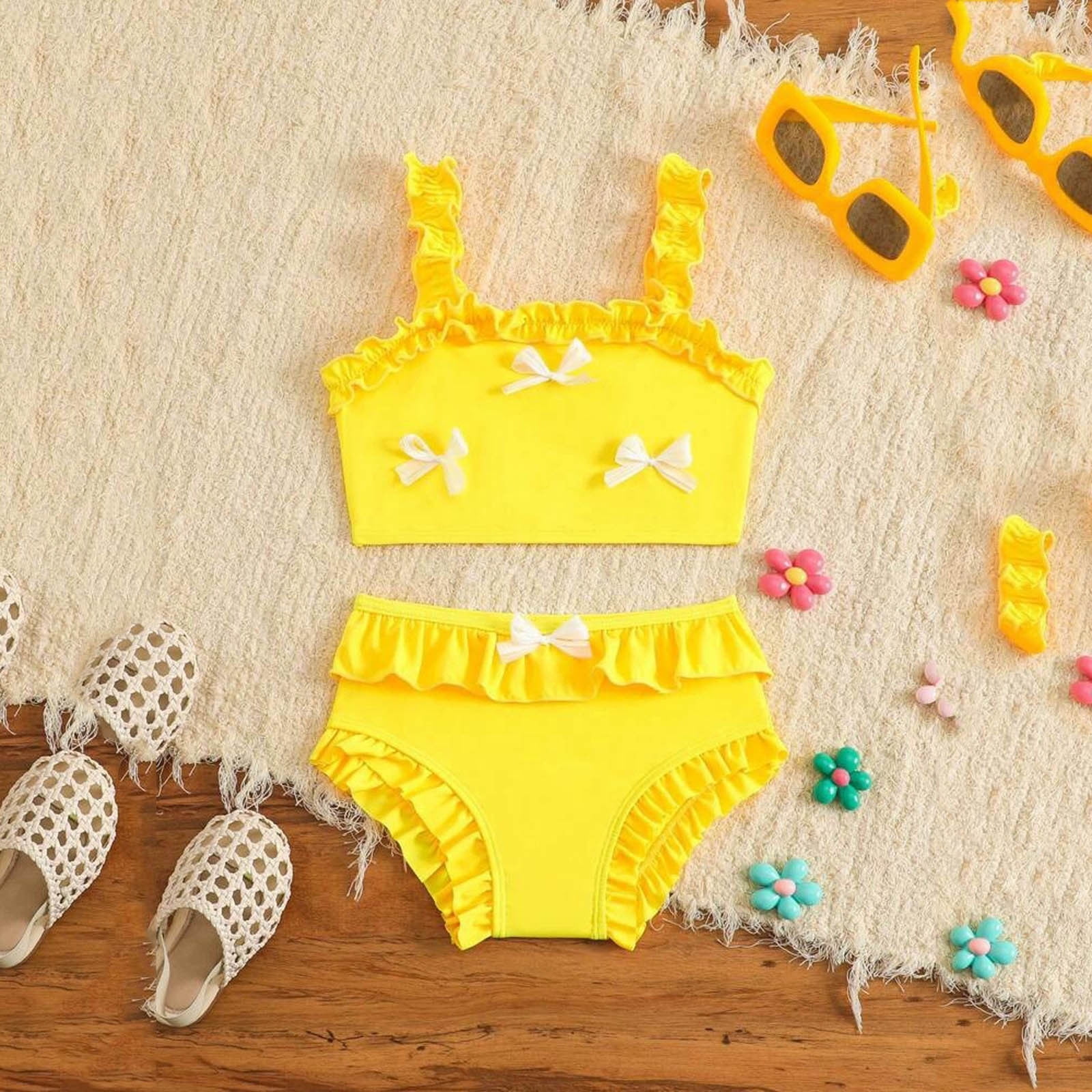 Girls Swimsuits Cute Bow Ruffle Strap Bathing Suit Swimwear for Girls 2 ...