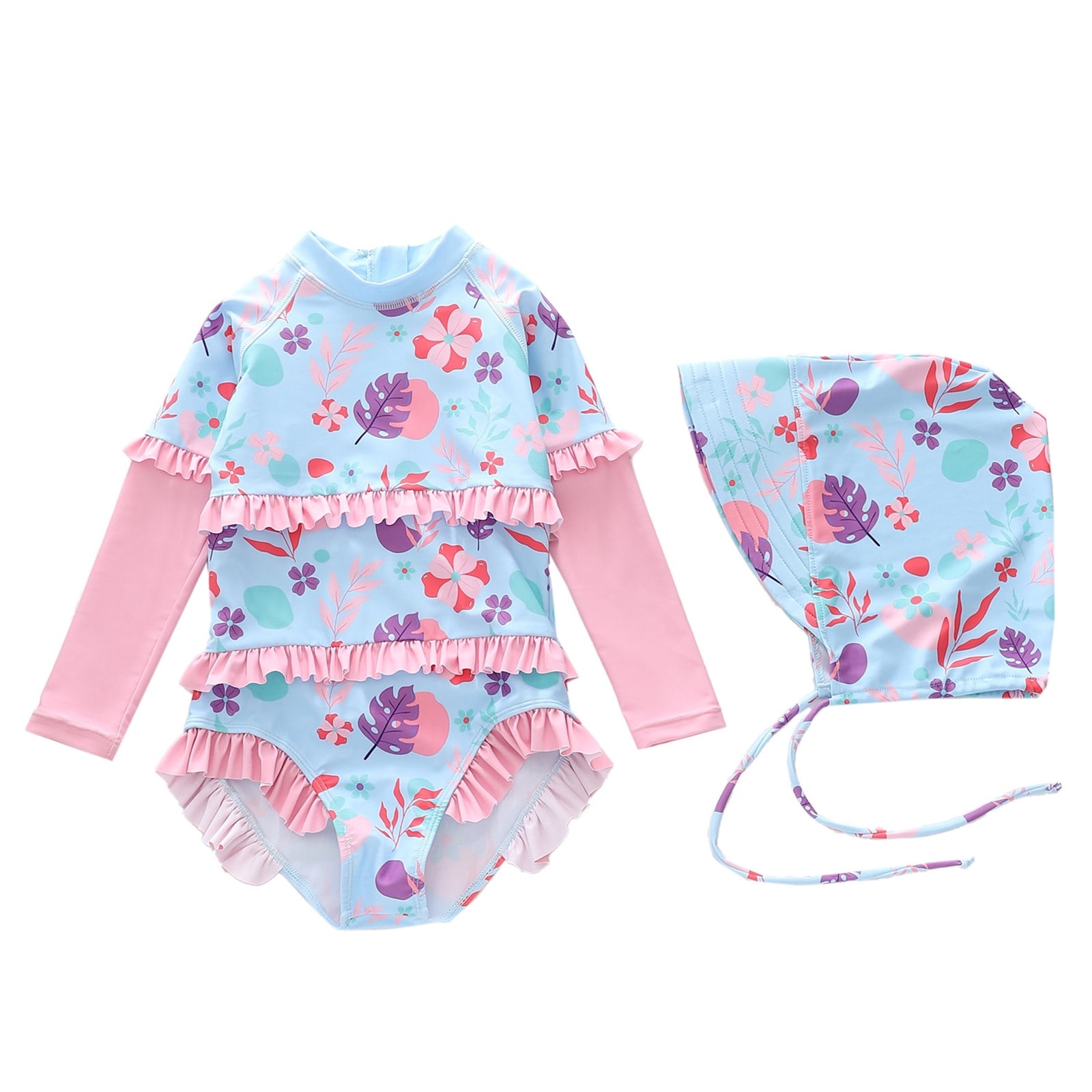 Girls Swimsuits Long Sleeve Floral Print Ruffled Pattern Small Medium ...