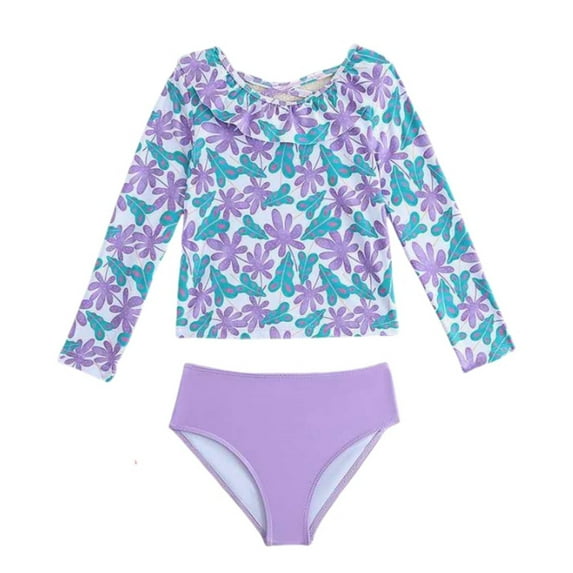 Girls Swimsuits Long Sleeve Two Piece Bow Knot Rash Guard Ruffle Rare ...