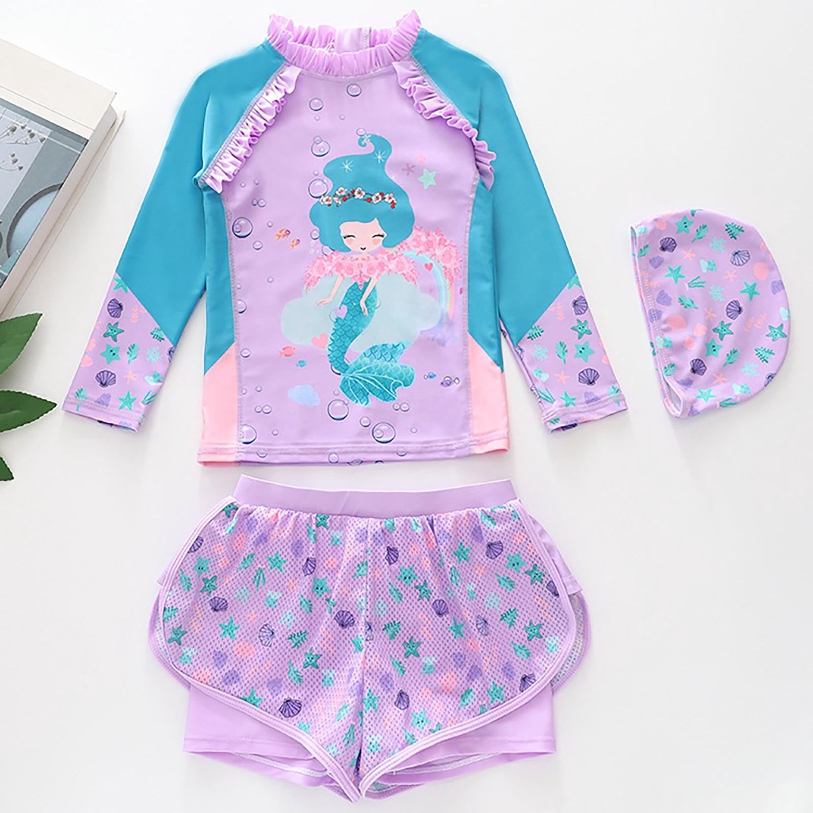 Girls Swimsuits Mermaid Print Ruffled Long Sleeve Top Shorts Cap 3 ...