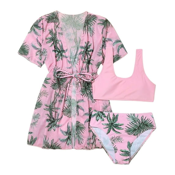 Girls Swimsuits Toddler 3 Piece Green Floral Prints Bikini Bathing Suit ...