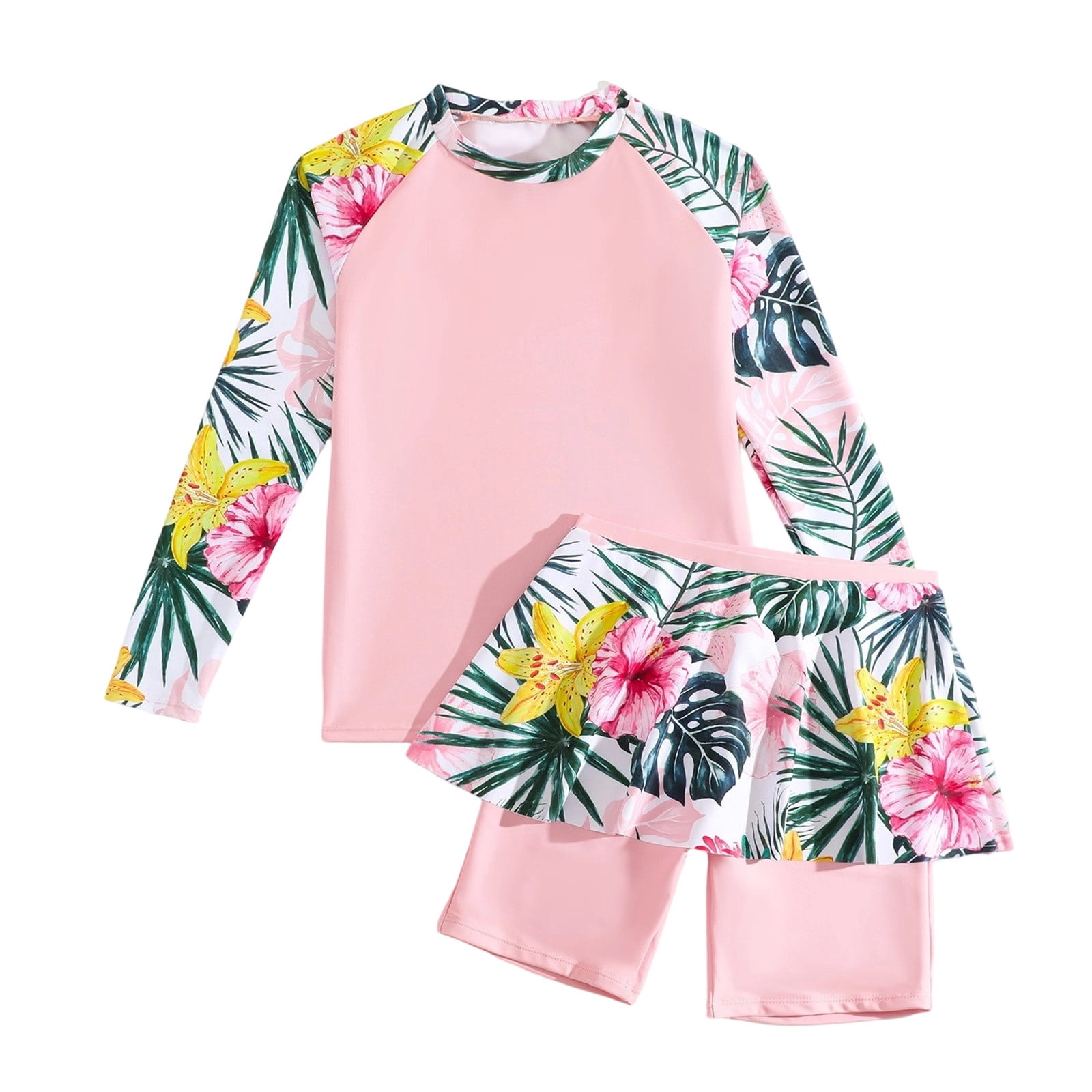 Girls Swimsuits Tropical Coconut Tree Pattern Swimsuit With Long Sleeve ...