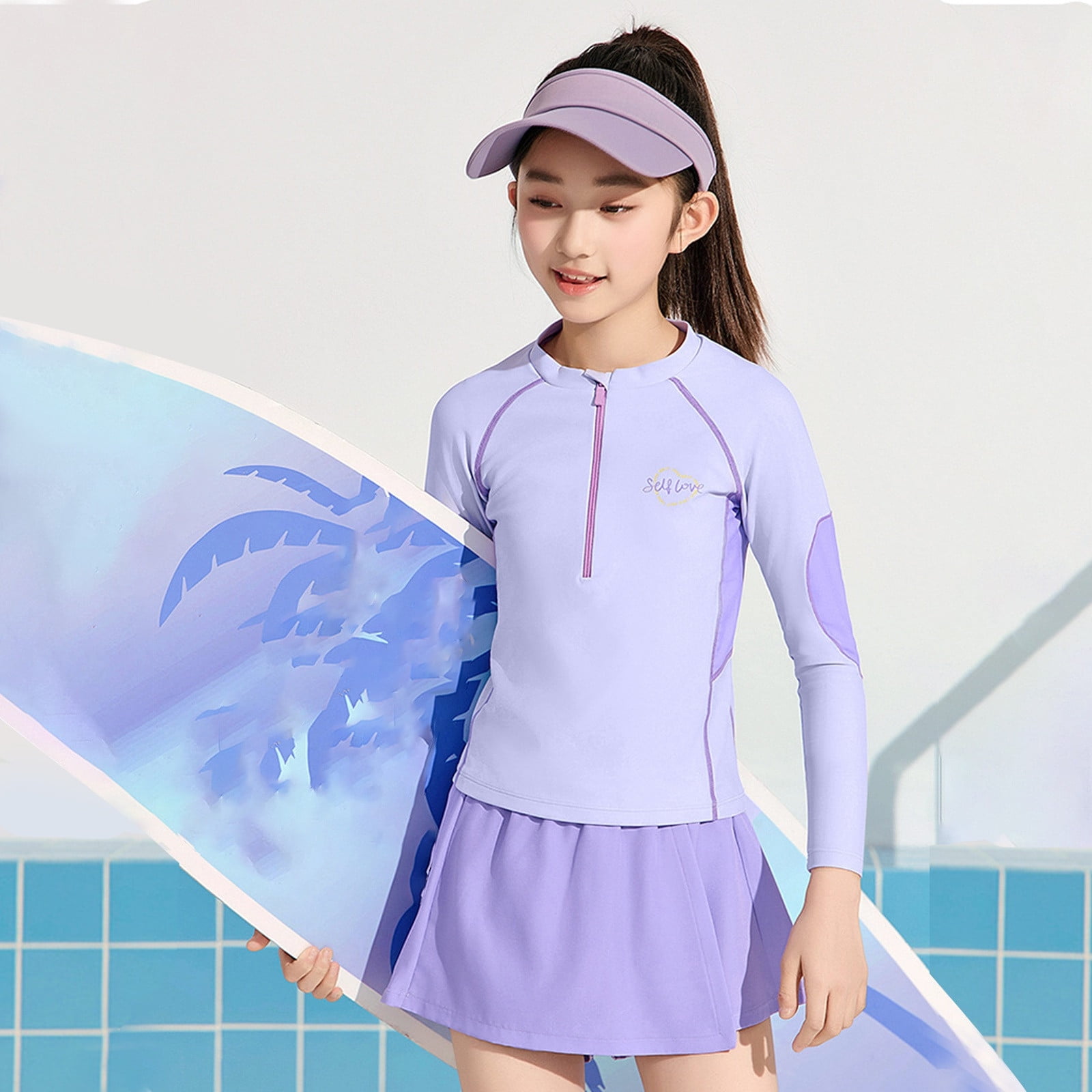 Girls Swimwear Long Sleeve Sun Swimsuit for Kids Beach and Pool Ready ...