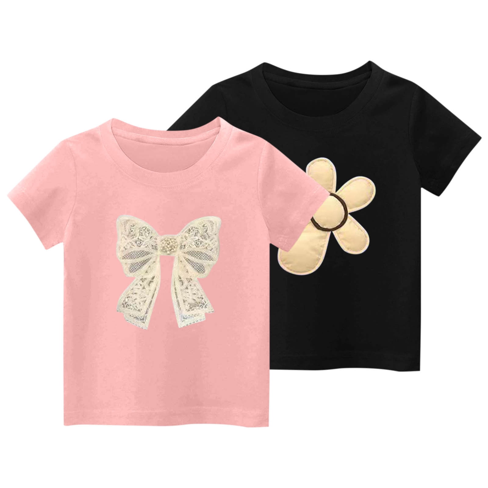Girls' T-Shirt 2 Pack 100% Cotton Cute Tshirts Flower Bowknot Print ...
