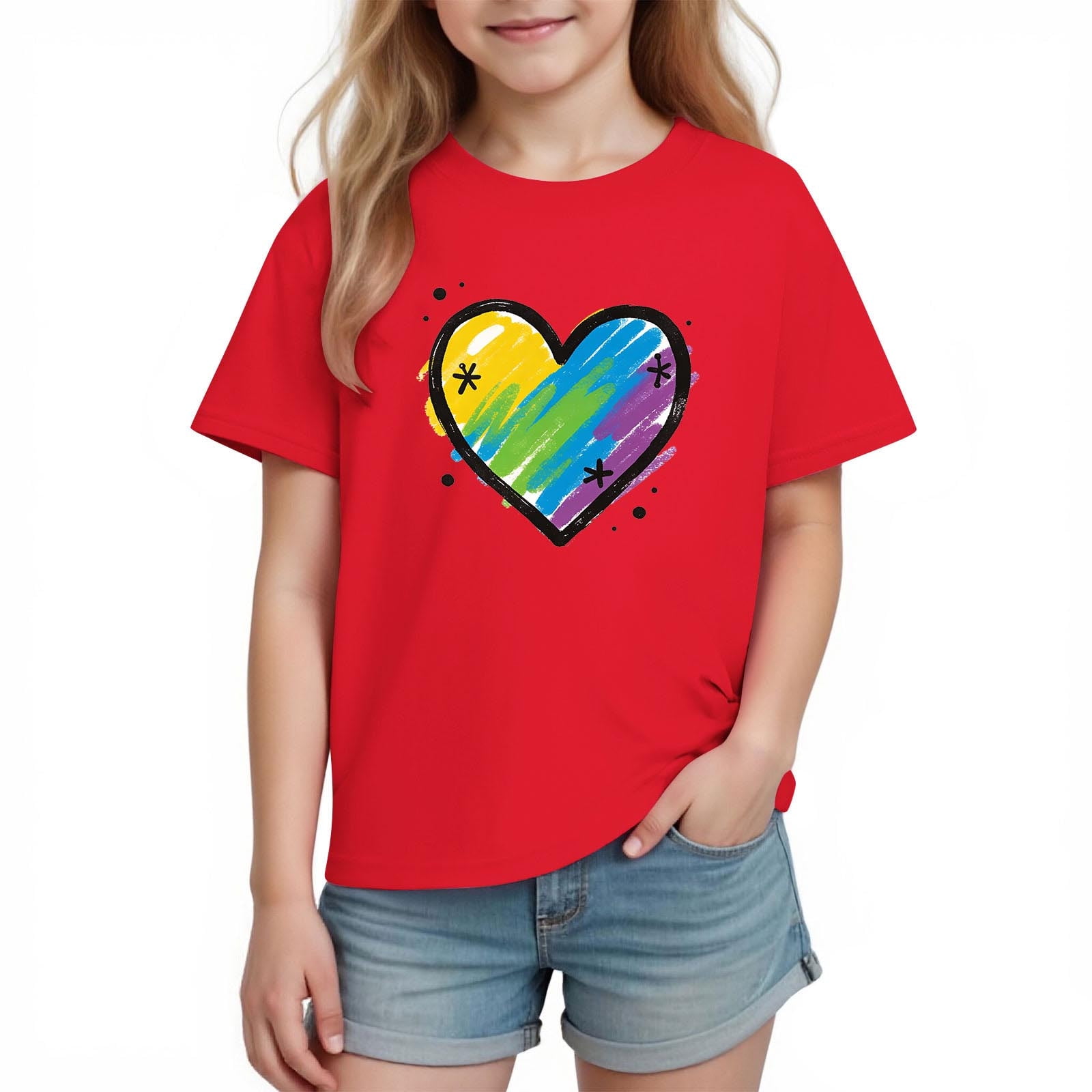 Girls T-Shirt & Rainbow Heart Graphic Tee - 100% Cotton Soft Short ...