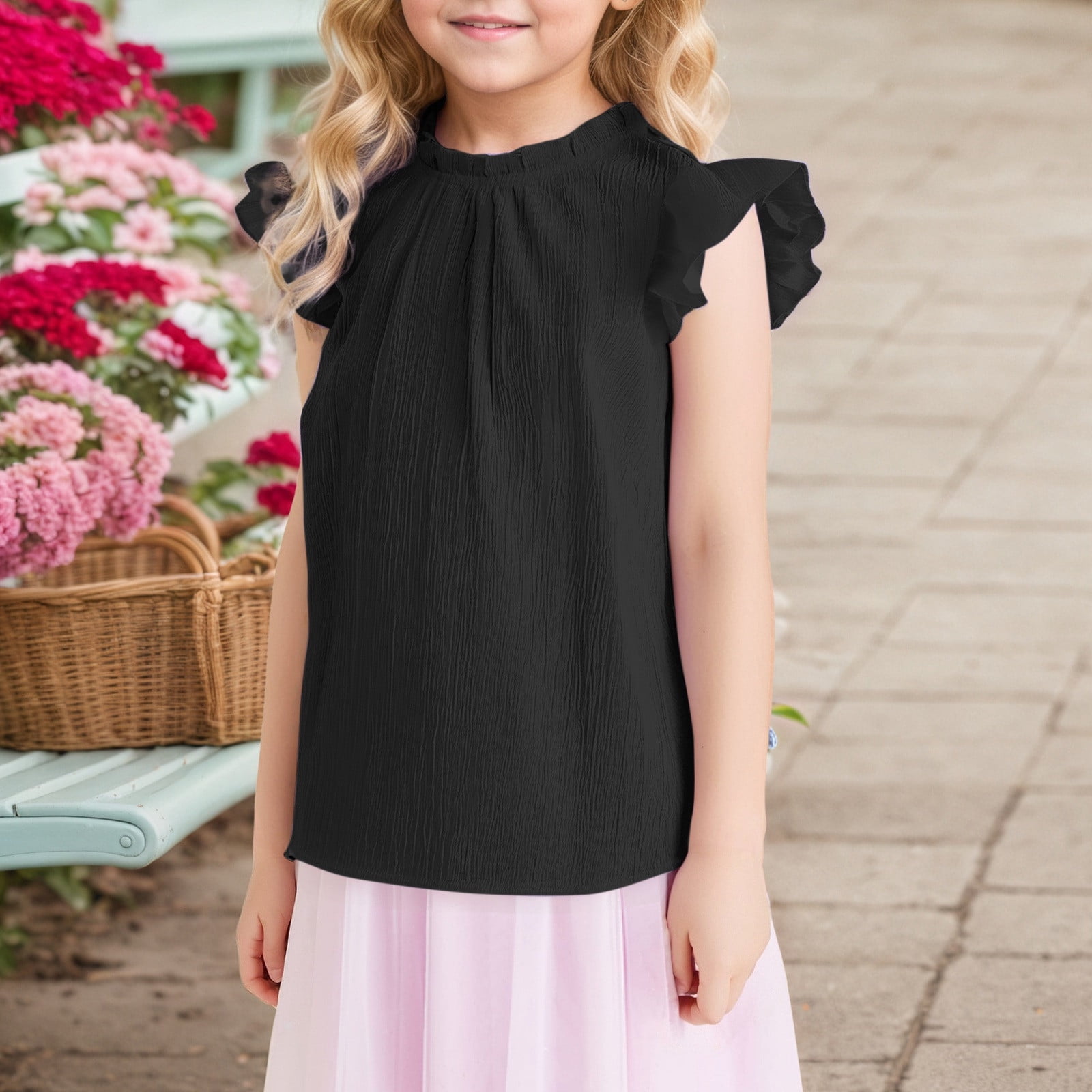 Girls T Shirts Black Girls Ruffle Sleeve Tops Loose Soft Girl Summer ...