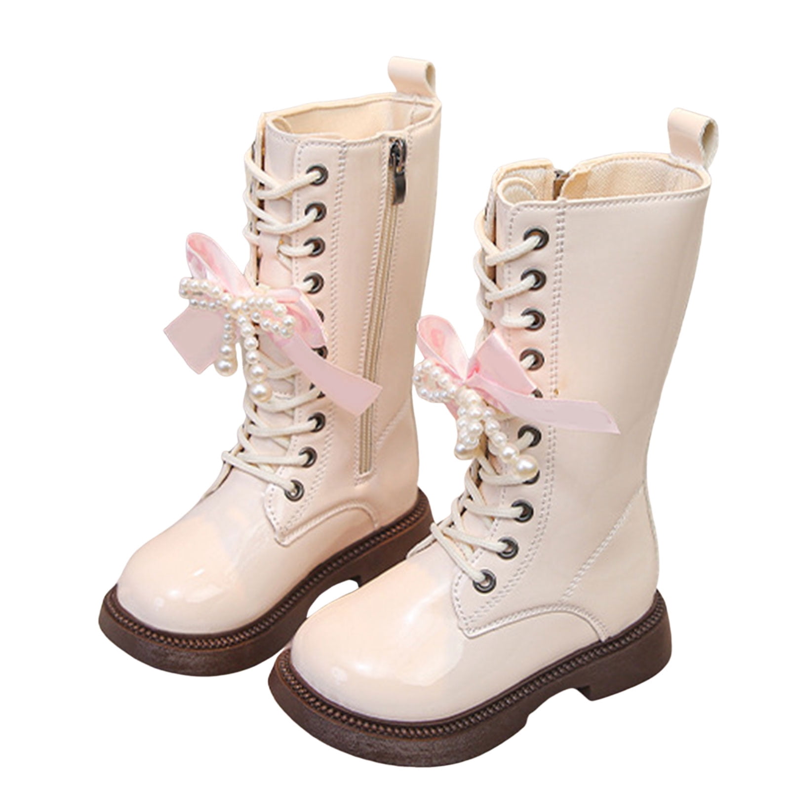 Girls Tall Riding Boots Elegant Pearl Bow Strappy Furry Lined Winter ...