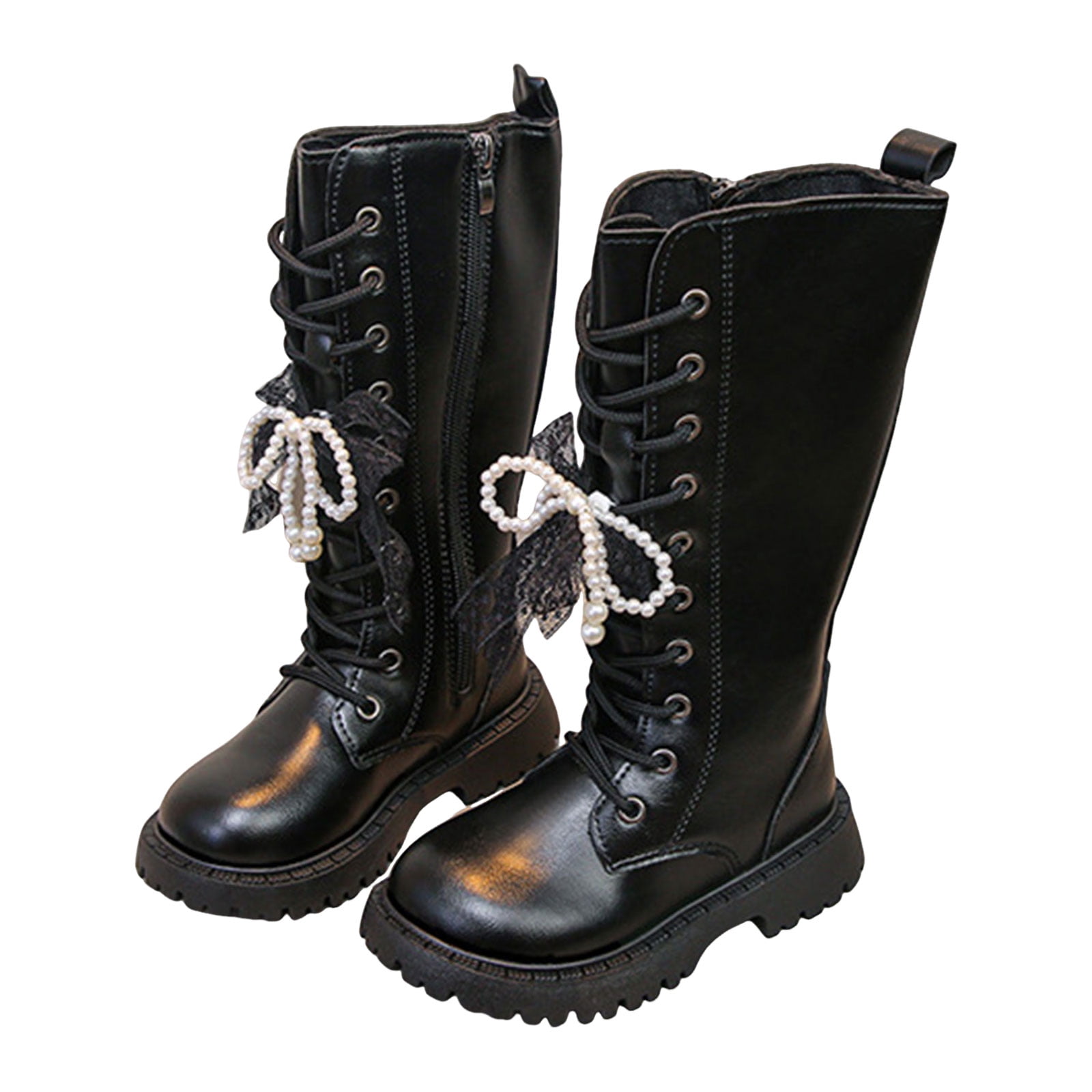 Girls Tall Riding Boots Elegant Pearl Bow Strappy Furry Lined Winter ...