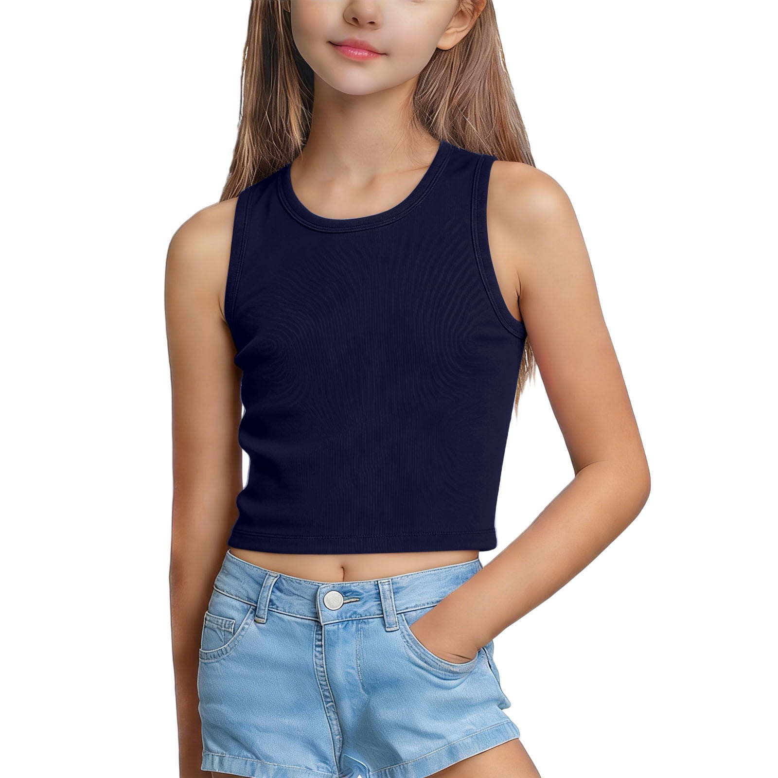 Girls Tank Top 100% Cotton Ribbed Cropped Sleeveless Shirt for Kids ...