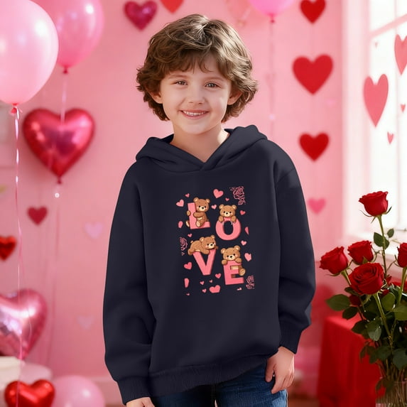 Girls Teddy Bear & Hearts Love Hoodie, Navy Oversized Fleece Pullover ...