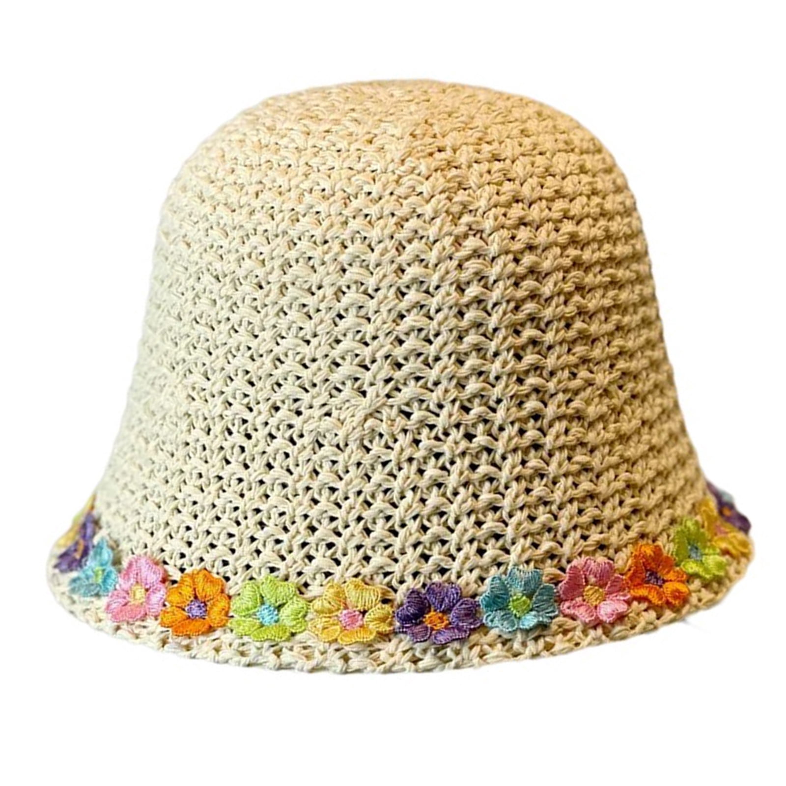 Girls Teens Crochet Bucket Hat with Flower Decals Woman Straw Weaving ...