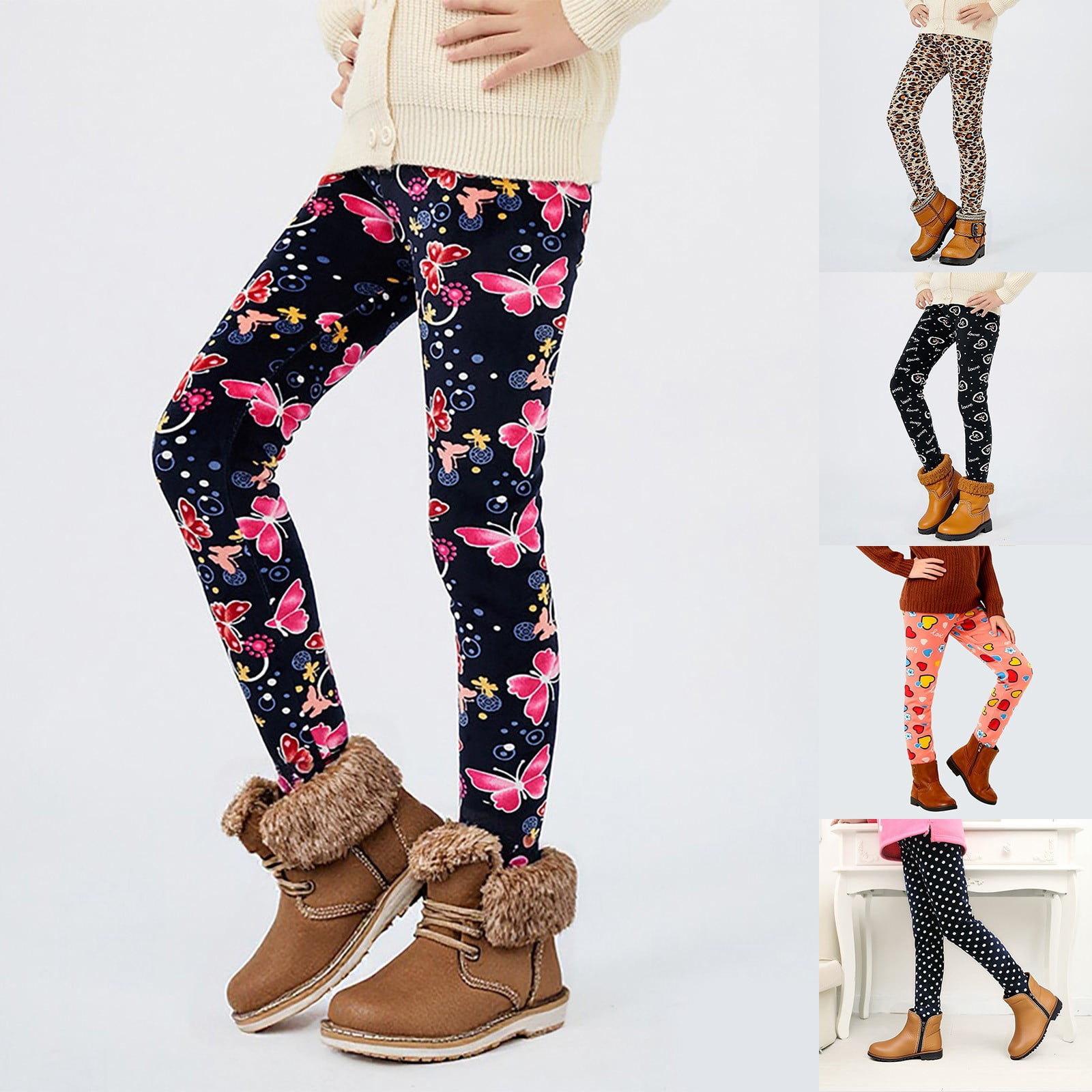 Girls Thermal Leggings Winter Base Layer Pants with Cute Heart Leopard ...